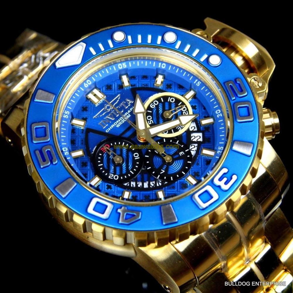 Invicta Sea Hunter III Blue 70mm Full Sized Swiss Chrono Gold Plated ...