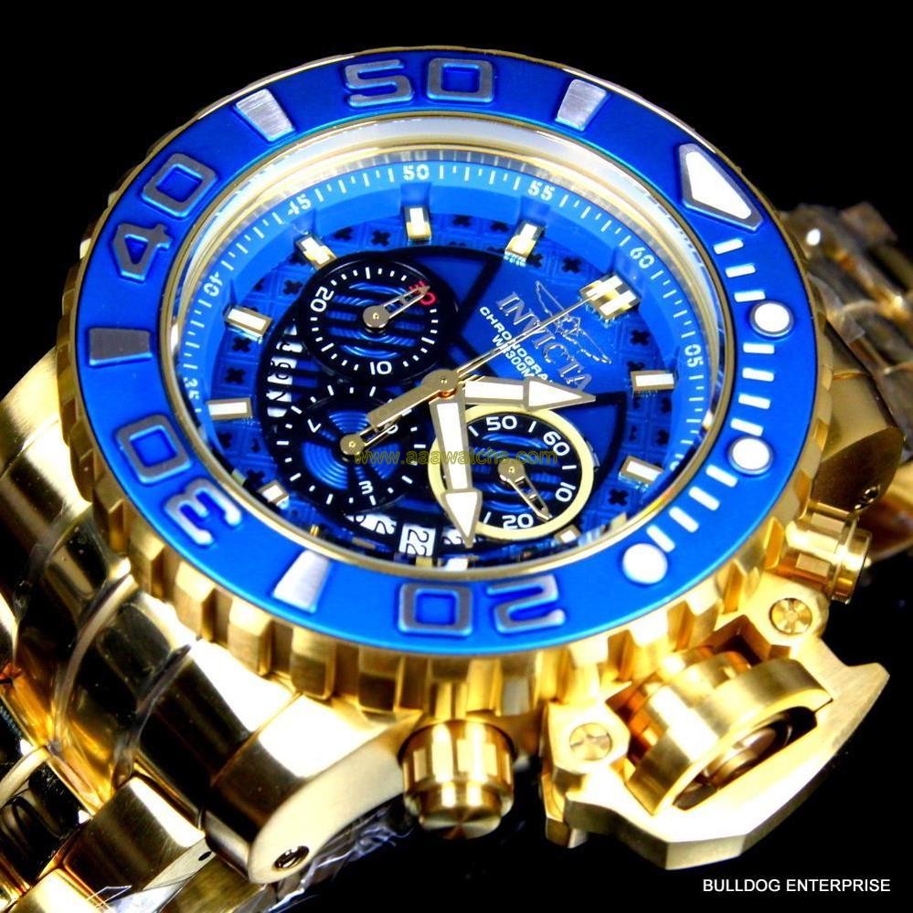 Invicta Sea Hunter III Blue 70mm Full Sized Swiss Chrono Gold Plated ...